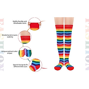 Women's Thigh High Stockings Striped Cosplay Over the Knee Tube Socks Long Boot Leg Warmers for Daily Wear 1 Pack Red Rainbow