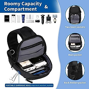 Fenree.geer Crossbody Sling Bag for Men Women, Anti-Theft Lightweight Small Backpack Shoulder Bag, Waterproof Men's Chest Bag for Travel Hiking Walking Biking Cycling USB Port, Black Casual Daypack