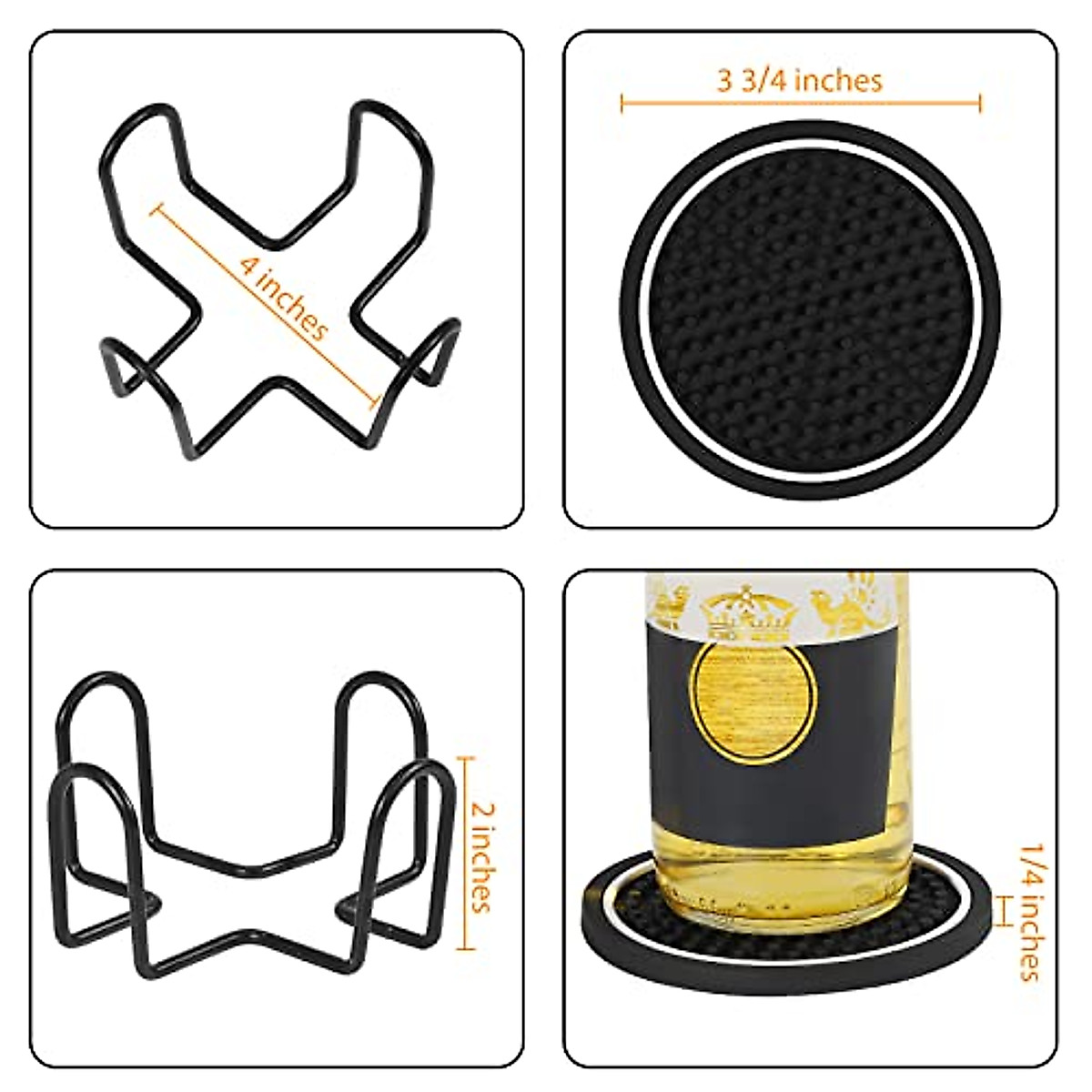 BARsics Drink Coasters Set, 3.75" Black Non-Slip PVC Coasters with Metal Wire Holder, Durable and Elegant Design for Kitchen, Home Bar, Restaurants Table (Pack of 6)