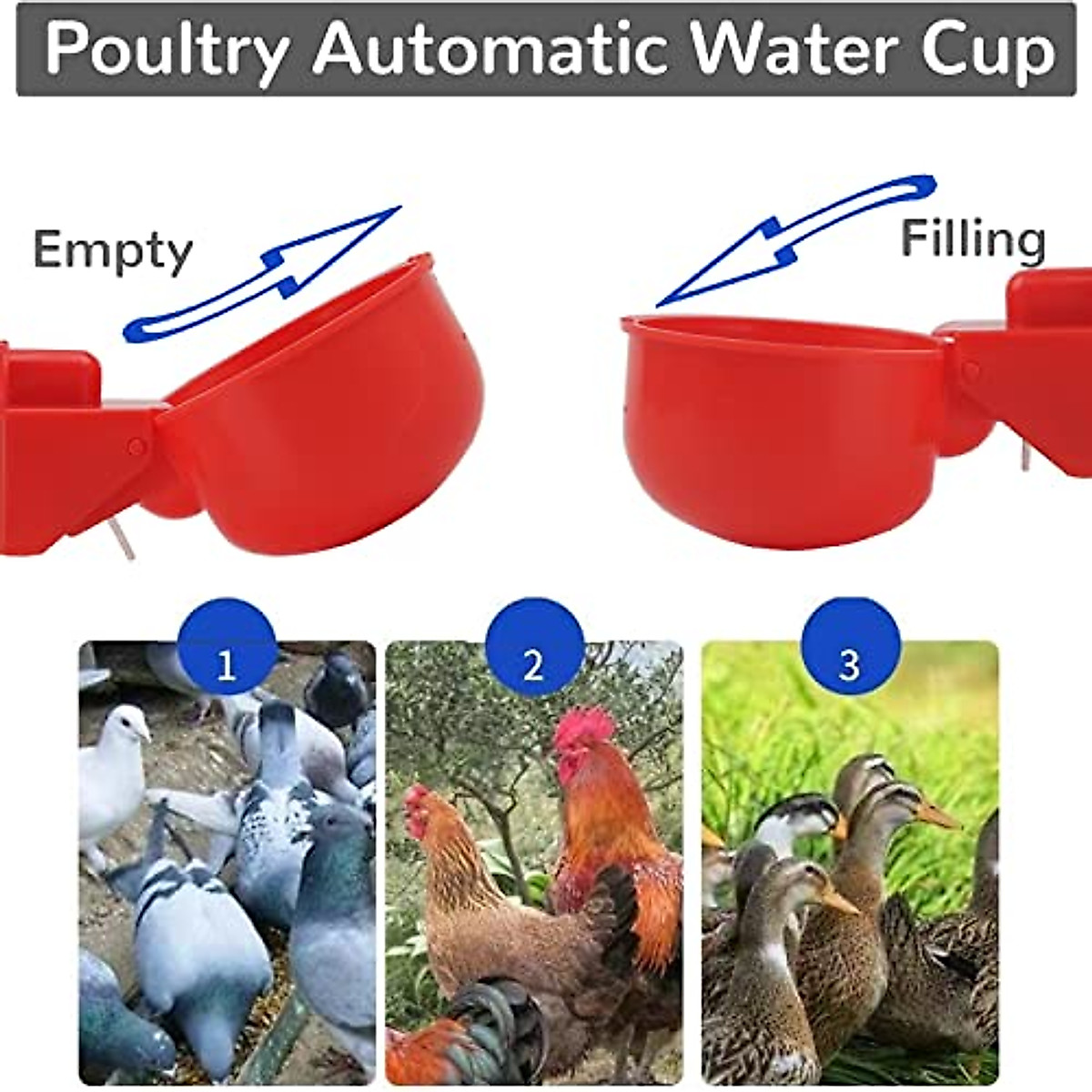 Large Automatic Chicken Filling Water Cup Poultry Waterer Kit Auto Watering Drinker System Drinking Feeder Cup for Ducks Turkeys Quail Chicks (3 Pack)