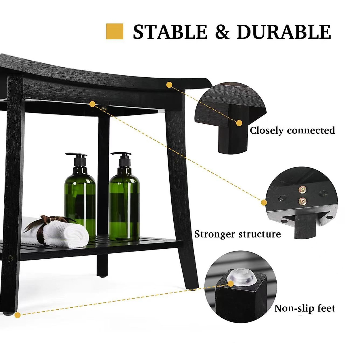 Bamboo Shower Bench Inside Shower Stool with Storage Shelf, Spa Bath Chair for Bathroom, Seat or Organizer for Living Room, Bedroom and Garden - Great for All Ages Unisex Elderly (Waterproof, Black)