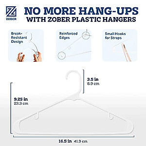 Zober Plastic Hangers 50 Pack - Standard Set of Clothes Hangers for Coats, Jackets & Pants - Slim Coat Hanger Set for Everyday Use - Clothing Hangers w/Hooks - Heavy Duty Hangers, White