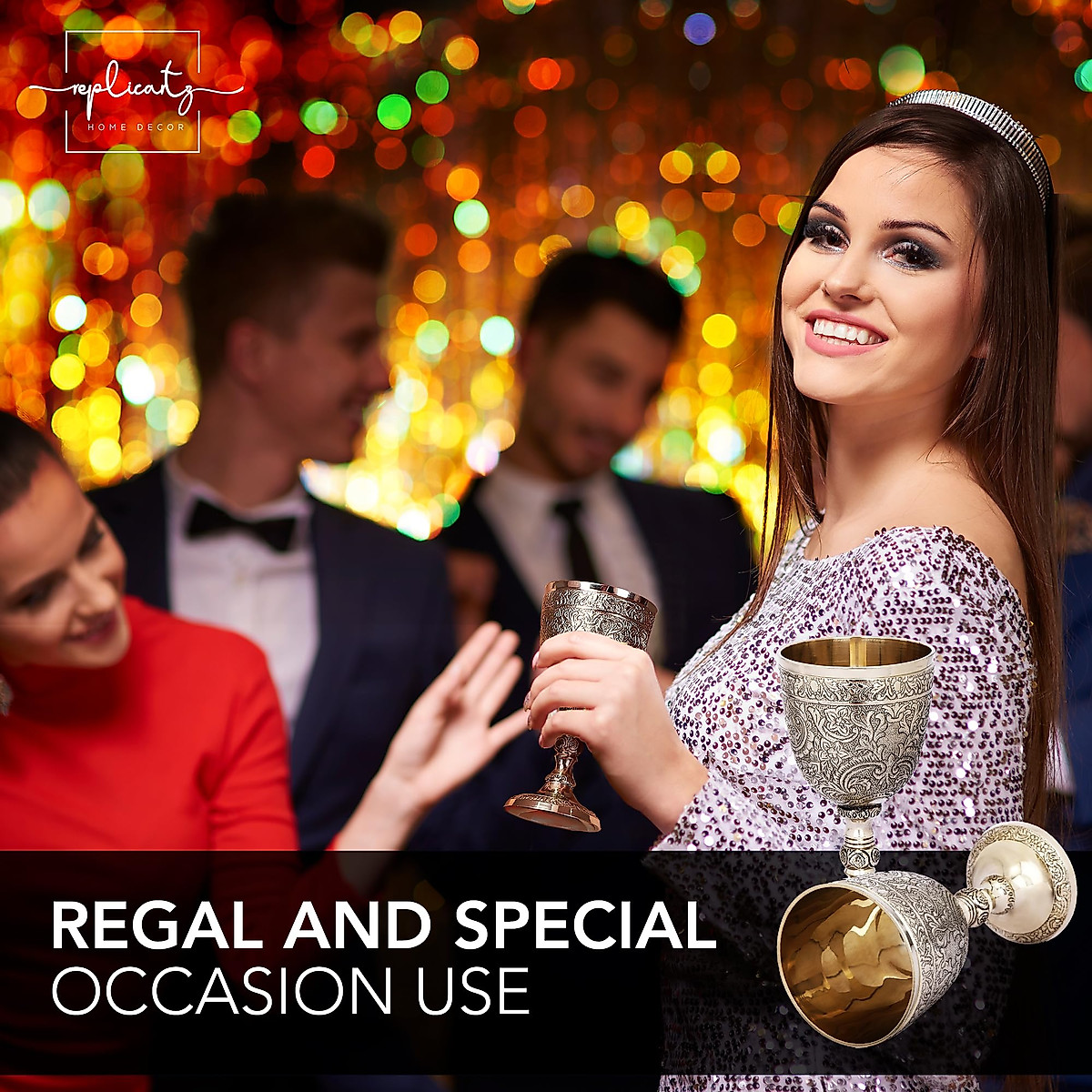 REPLICARTZ Chalice Goblet Communion Cup - Halloween Brass Gold Wine Glasses - Elegant Catholic Gothic - King Arthur Medieval Decor Drinkware - Christmas, Wedding Chalice Gifts, 210 ml, 7.10 oz