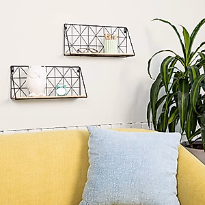 Greenco Geometric Mounted Floating, Home Decor, Metal Wire and Rustic Wood Wall Storage Shelves for Bedroom, Living Room, Bathroom, Kitchen, Office and More – Set of 2