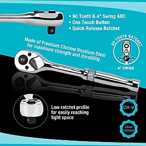 DURATECH 1/4" Socket Set, 51 Piece Tool Set Including Standard(SAE) and Metric Sockets, Bit Sockets, Ratchet and Universal Joint