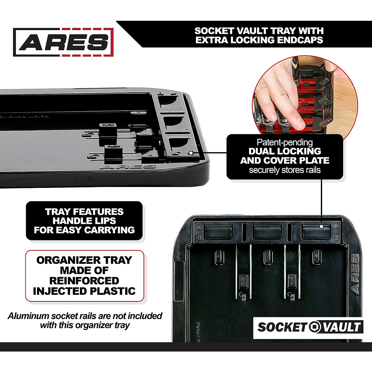 ARES 60142 - SOCKET VAULT 3-Piece 17.5-Inch Socket Rail Organizer Tray – Reinforced Plastic Tray Locks 3 17-Inch Aluminum Rails in Place – Includes 6 Locking End Caps for ARES Aluminum Socket Rails