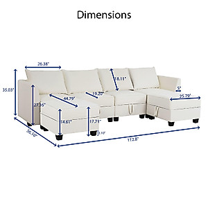 Naomi Home Modular Convertible U-Shaped Sectional Sofa with Reversible Chaise, Oversized Couch, Elizabeth Sectional Sofa with Ottoman - Linen Upholstery, White