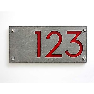 Modern House Numbers - Rectangle Concrete with Red Acrylic - Contemporary Home Address - Sign Plaque - Door Number - Hotel Room Numbers - Apartment Number