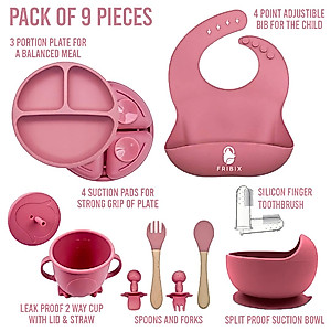 Fribix 9 PCs Silicone Baby Feeding Set, Baby Lead Weaning Supplies with Suction Bowl Plate, Toddler Self Feeding Essentials with Spoons Forks Cup Adjustable Silicon Bib for 6 months