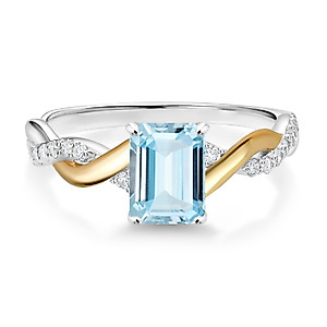 Gem Stone King 925 Silver and 10K Yellow Gold Gemstone Birthstone and Lab Grown Diamond Engagement Ring | Emerald Cut 7X5MM | Wedding Engagement Anniversary Promise Ring For Women