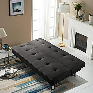 Yaheetech Modern Convertible Futon Sofa Bed w/ 2 Integrated USB Charging Ports Fabric Loveseat Couch Metal Legs, 3 Angles Adjustable Back for Compact Living Space, Apartment, Dorm, Bonus Room Black