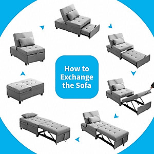 Mjkone 4-in-1 Sleeper Chair with Adjustable Backrest with Free Pillow, Pull Out Sofa Couch Bed with Memory Foam for Compact Living Room (No Assemble Need,Light Grey)