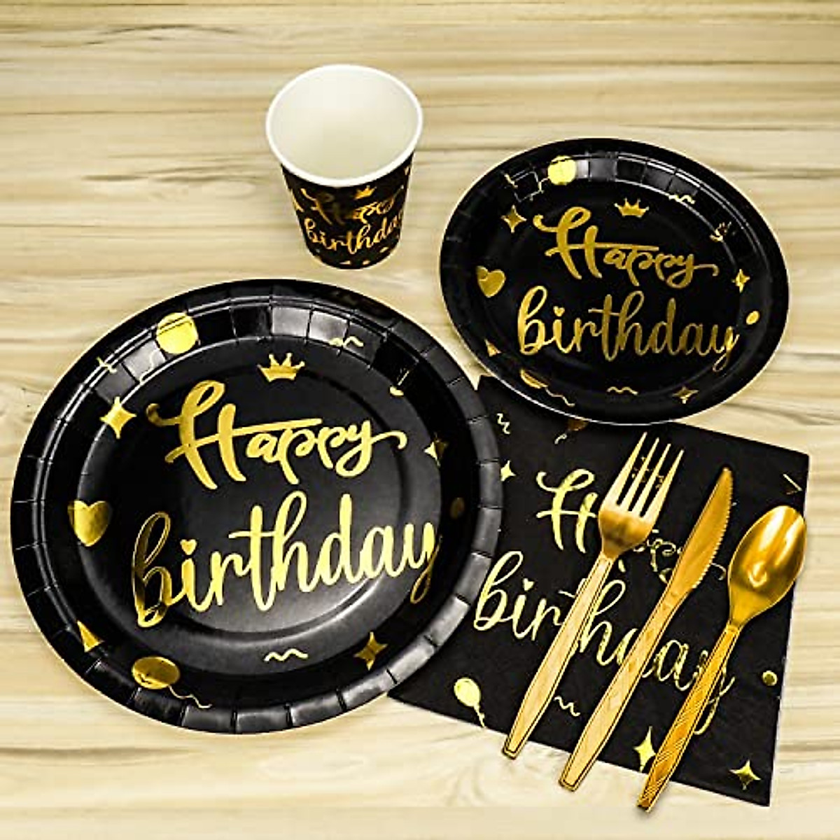 200 Pieces Gold Disposable Party Dinnerware Set &Golden Dot Disposable Birthday Party Dinnerware - Black Paper Plates Napkins Cups, Gold Plastic Forks Knives Spoons
