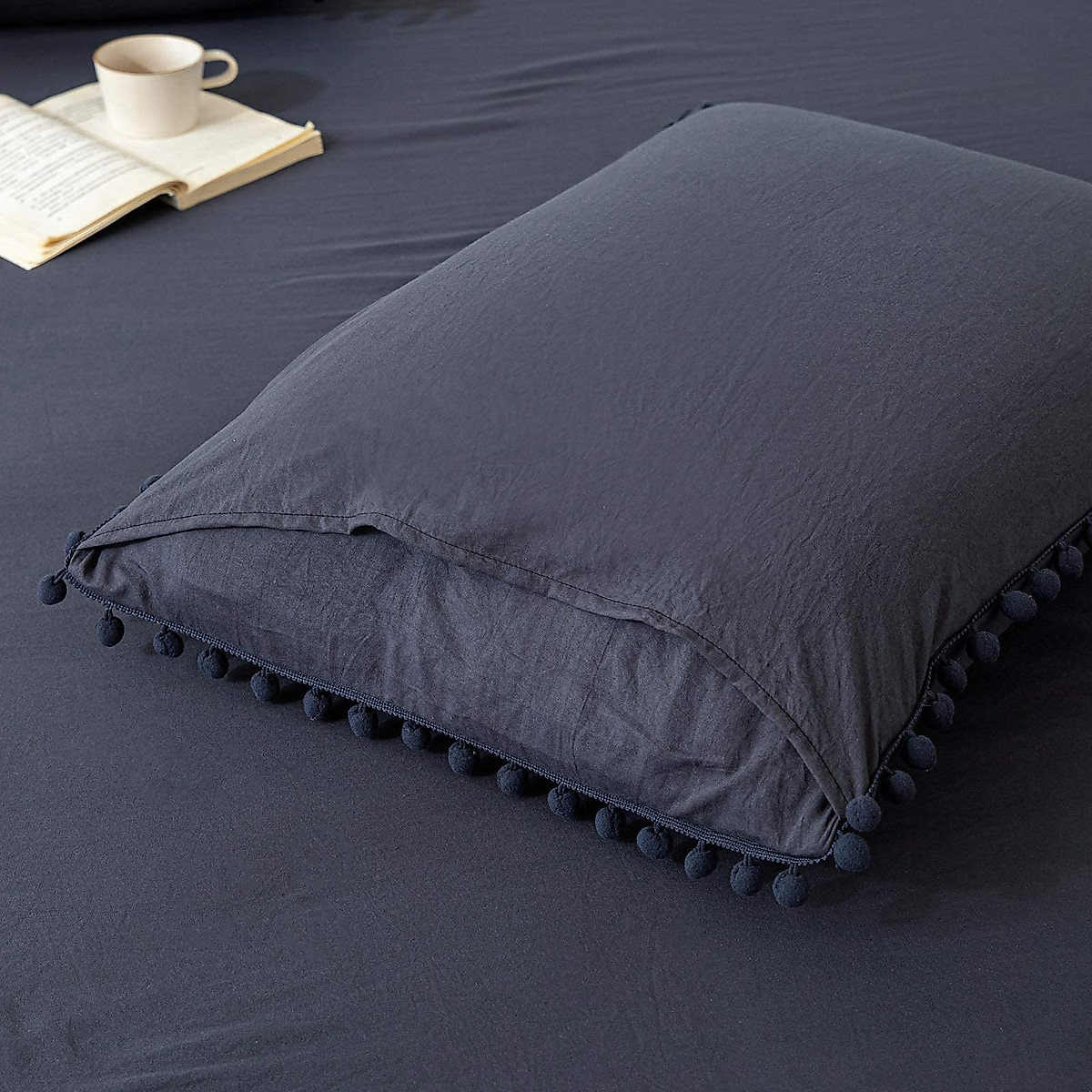 Navy Blue Pom Poms Pillowcases, Dark Blue Standard Queen 20x30 Inches Pillowcases Set of 2, 100% Washed Microfiber, Navy Fringe Pillow Shams, 2 Pack (Standard, Navy Blue)