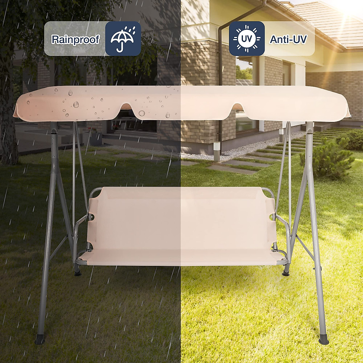 Vilobos Outdoor Patio Swing Chair, Porch Swing Bench with Adjustable Canopy&Duracble Metal Stand, Patio Swing Set for Backyard, Porch and Garden, Beige