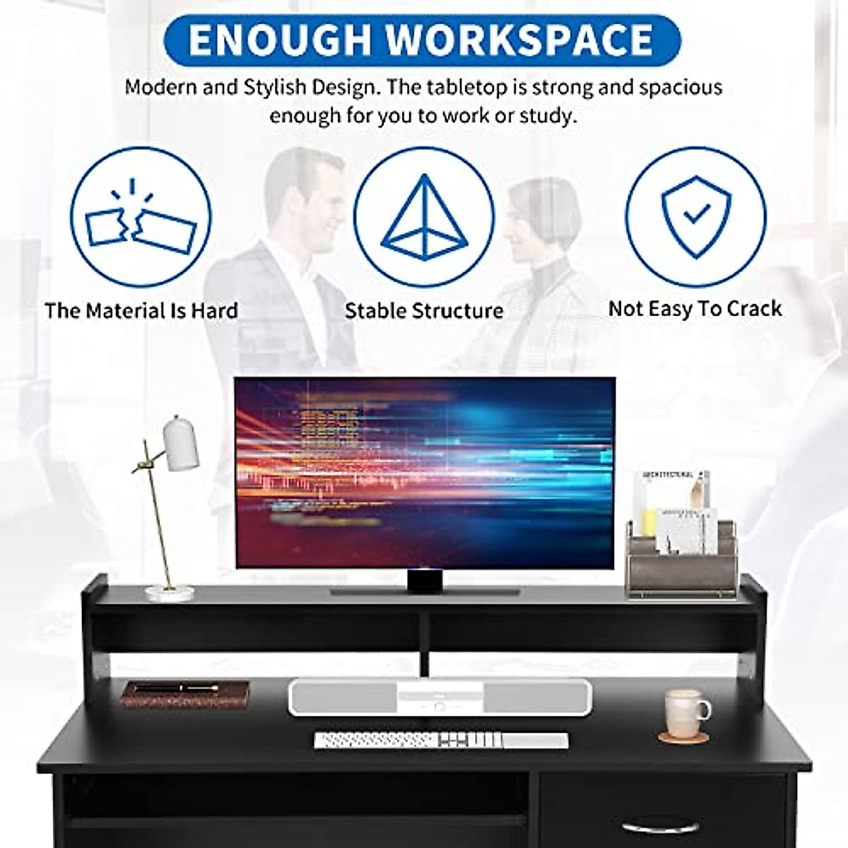 BLKMTY Computer Desk with Drawers for Home Office Desk with Keyboard Tray 43" Study Desks for Teens Wood Executive Desk with Monitor Stand Large Desktop Surface Writing Table Workstation, Black