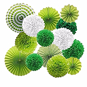 Party Decoration, Hanging Paper Fans Pom Poms Flowers Birthday Parties Baby Showers Wedding (Green)