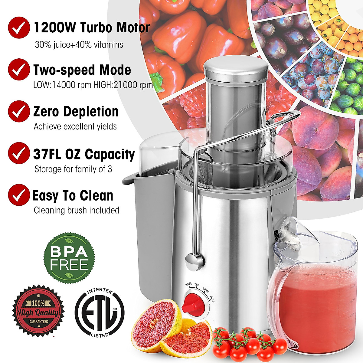1200W 3 Speeds Centrifugal Juicer Machines Vegetable and Fruit, Regenerate Juice Extractor with Big 3" Wide Mouth, Compact Juice Maker, Easy to Clean, High Juice Yield, BPA Free, Silver