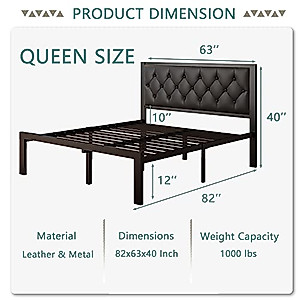 Feonase Queen Size Metal Bed Frame with Faux Leather Button Tufted Headboard, Heavy-Duty Platform Bed Frame with 12" Storage, Steel Slats Support, No Box Spring Needed, Noise Free, Black
