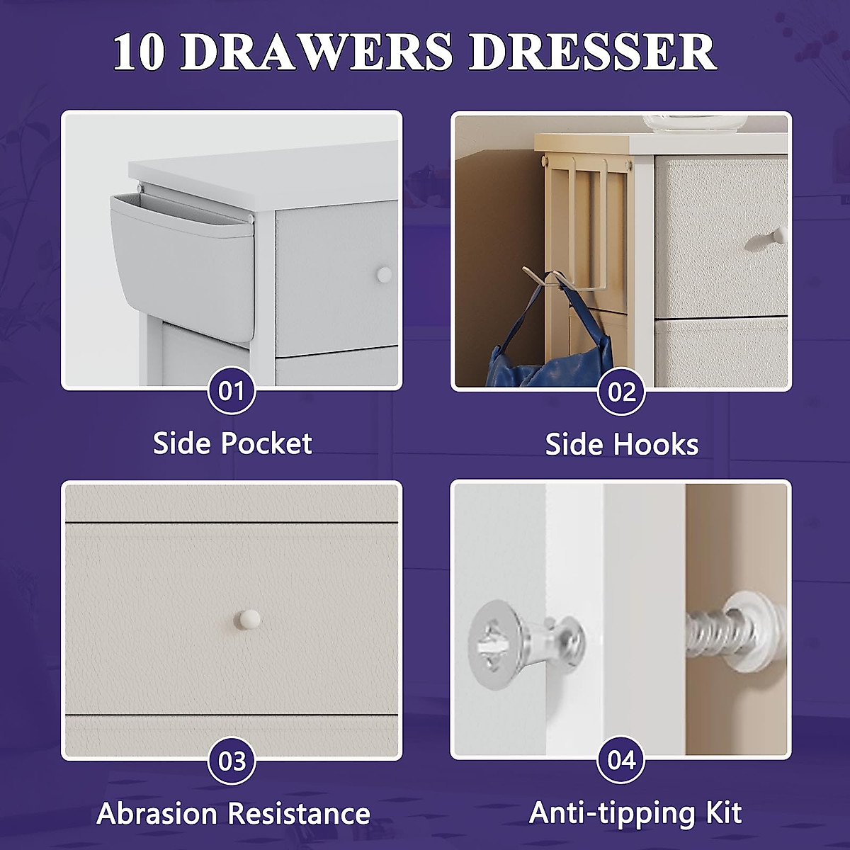 WODRAWER White Dresser with Power Outlets and LED Lights, Dresser for Bedroom with 11 Drawers, Dressers & Chests of Drawers with Side Pockets, Fabric Storage Organizer
