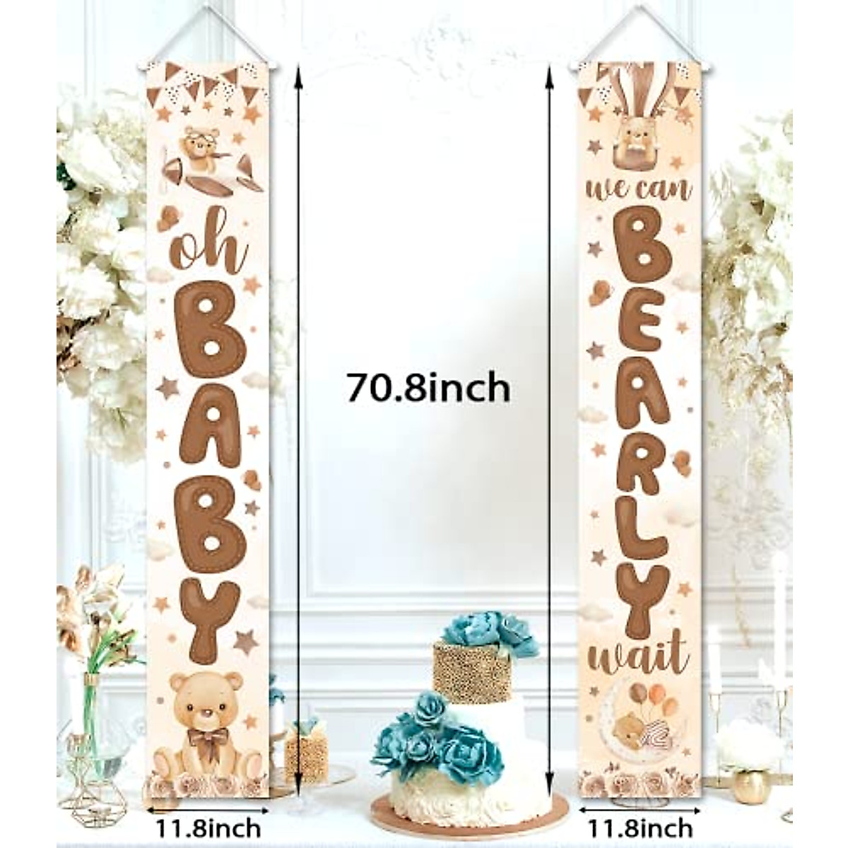 Bear Baby Shower Party Decoration-2 Pices We Can Bearly Wait Porch Sign Banner,Gender Reveal Banner Porch Sign for Welcome Baby Party,Gender Neutral Bear Photo Props Supplies Indoor Outdoor