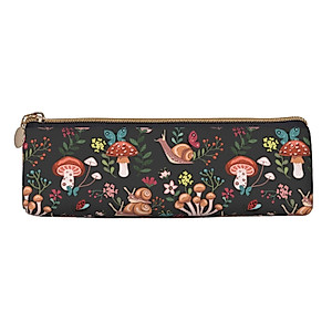 Ykklima Mushroom Snails Butterfly Flower Pattern Leather Pencil Case Zipper Pen Makeup Cosmetic Holder Pouch Stationery Bag for School, Work, Office