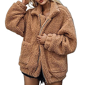 Women's Coat Casual Lapel Fleece Fuzzy Faux Shearling Zipper Coats Warm Winter Oversized Outwear Jackets (Khaki,M)