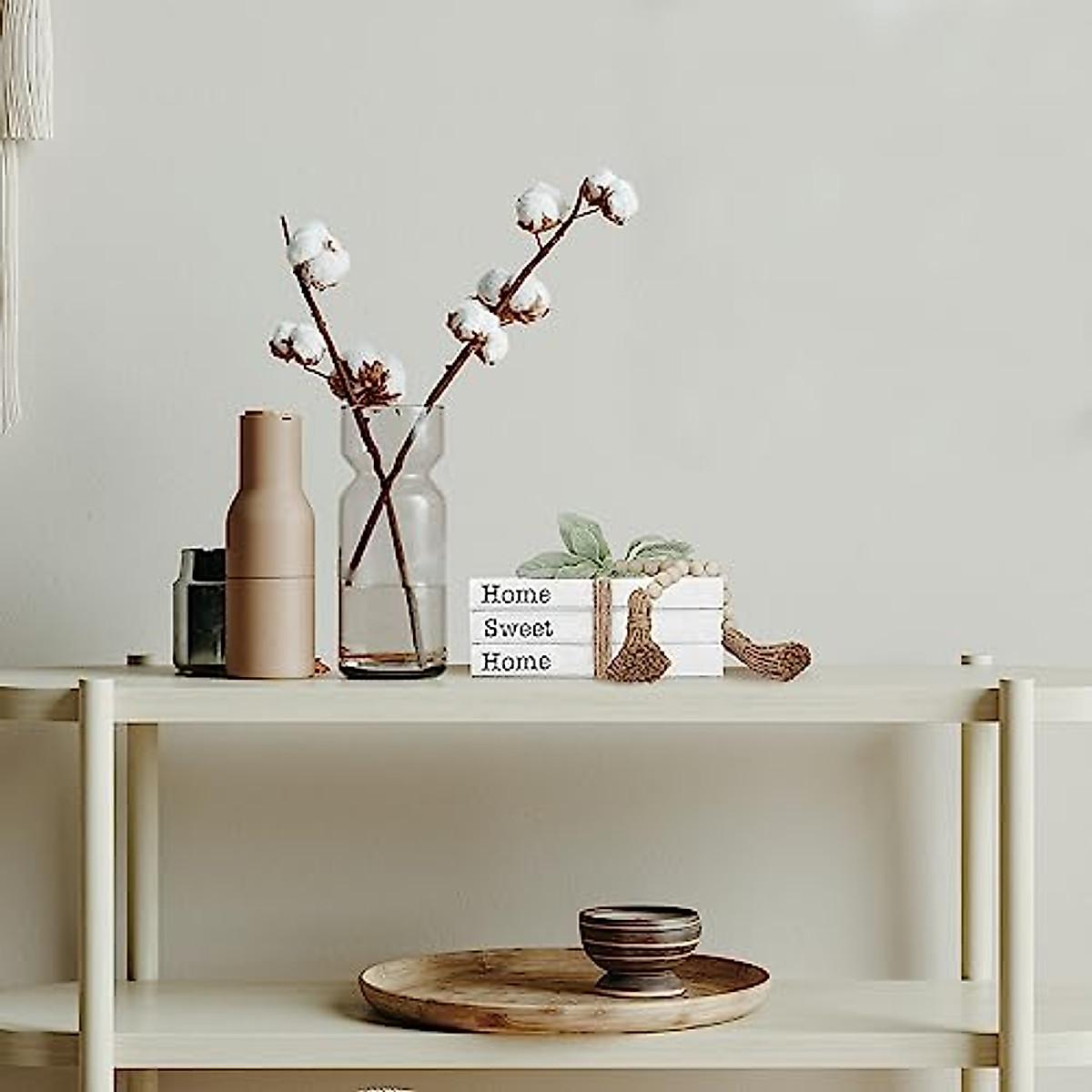 TenXVI Designs Decorative White Books, Set of 3 - Home Sweet Home Stacked Books - Rustic Farmhouse Accent Decor, Entryway Shelf, Mantel and Bedroom Night Stands with Bead/Flower Bundle