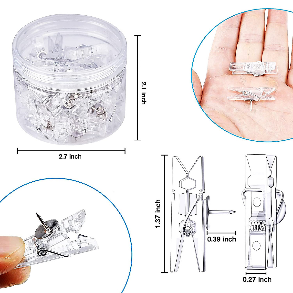 32 Pieces Reusable Push Pin Clips Photo Clips, Mini Transparent Plastic Tacks Thumbtacks Clothespins Decorative Craft Paper Clips for Cork Boards Wall Artworks Notes Photos Craft Accessories, Clear