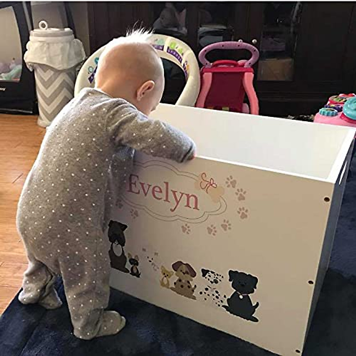 My Bambino Personalized Dinosaur Toy Box for Boys Custom White Wooden Theme for Kids Bin Child Safe with No Lid Storage Playroom Nursery