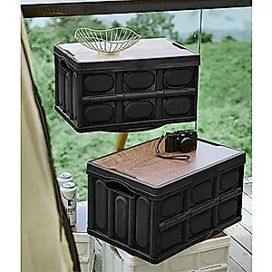 Folding Storage Bin with MDF Lid, 30L Storage Box Container Stackable Shelf Basket Cloth Closet Car Organizer Outdoor Picnic Transport Box Toy Clothes Book Holder Plastic Collapsible Tote Crate -Black