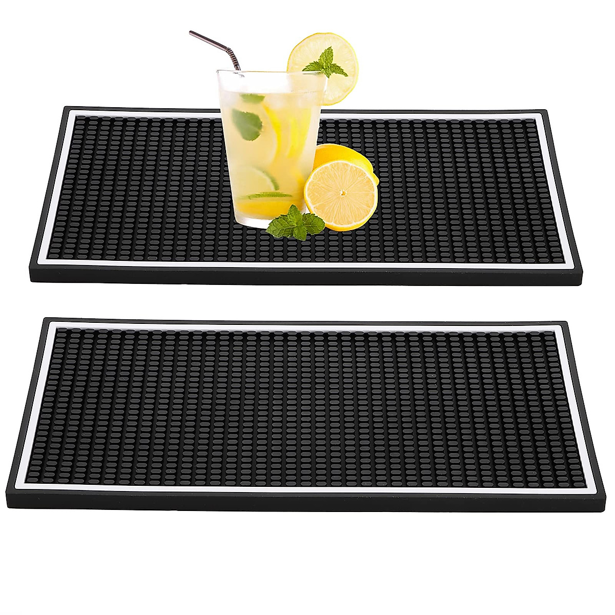 Jucoan 2 Pack Bar Mat, 12 x 6 x 0.4 Inch Thicken Rubber Bar Service Mat, Heavy Duty Anti-Slip Countertop Drink Spill Mats for Coffee Shops, Bar, Home and Hotel