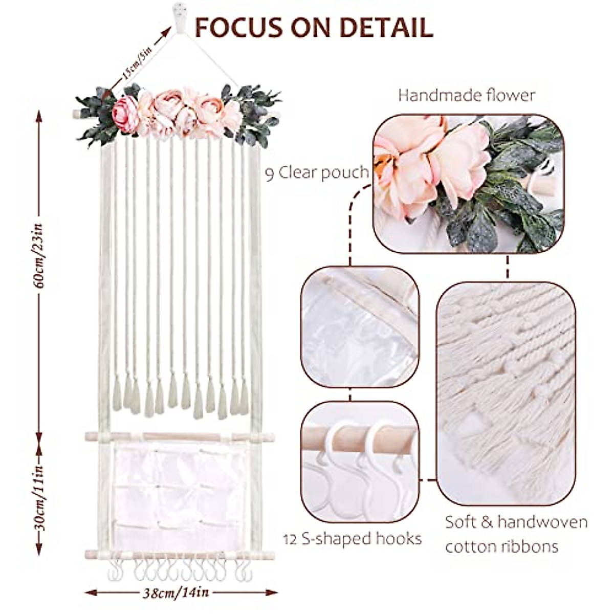 cherrboll Hair Bows Holder Headband Organizer for Girls, Hair Clips Hanger Storage with Hooks, Wall Hanging Decor for Nursery Room