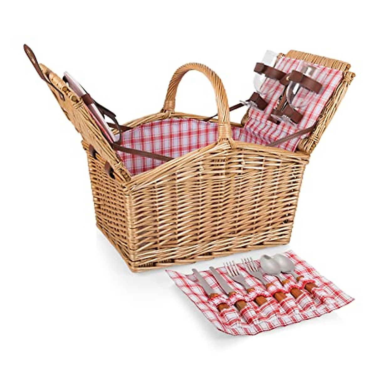 PICNIC TIME Piccadilly Picnic Basket - Romantic Picnic Basket for 2 with Picnic Set, (Red & White Plaid Pattern)