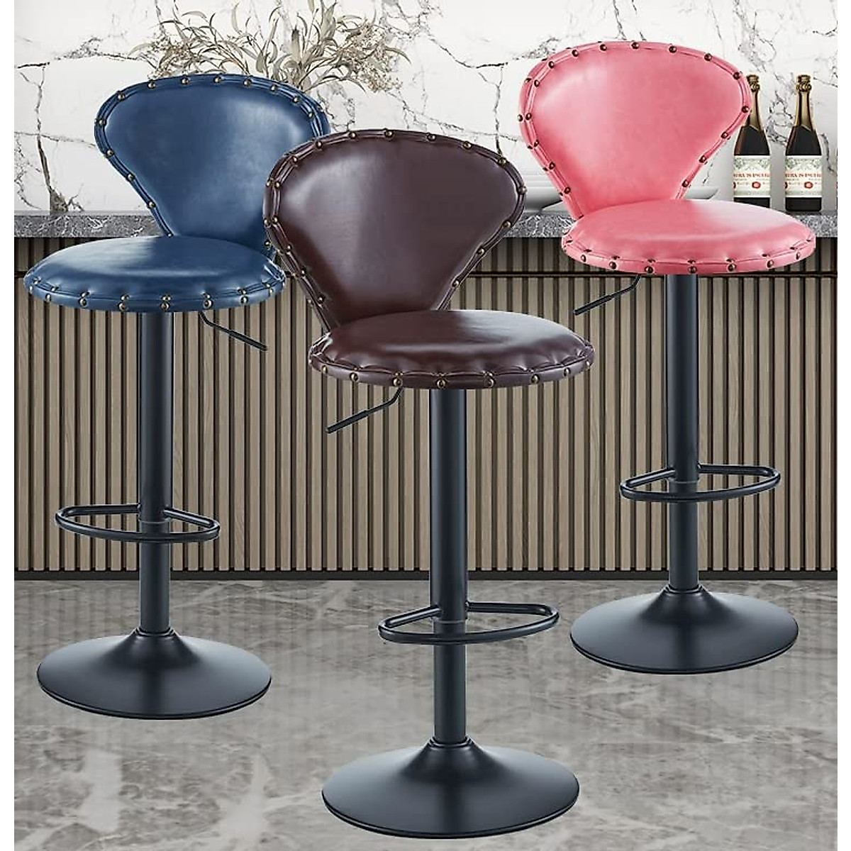 PU Office Computer Chair Desk Chair Round Stool with Backrest Swivel Hydraulic Gas Lift Height Adjustable for Home Bedrooms(Color:Red)