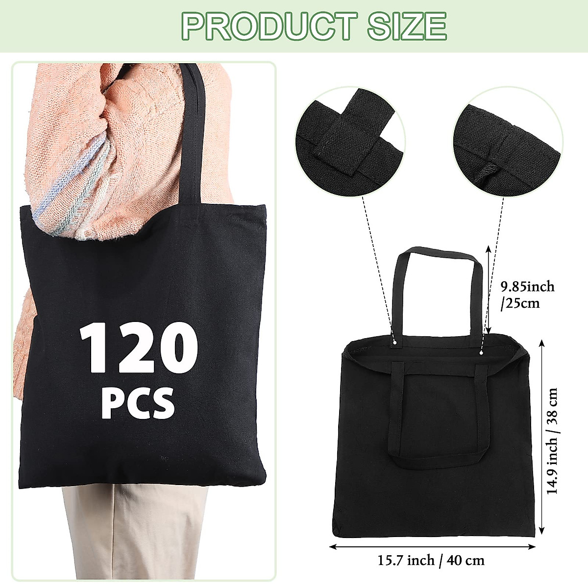 Roowest 120 Pieces Black Cotton Tote Bag Bulk 15 x 16 Inch Blank Shopping Cloth Bags Lightweight Reusable Grocery Black Tote with Long Handle for Women Men DIY Craft Gift