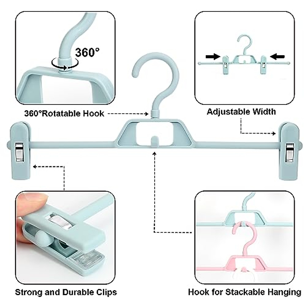 30 Pack Pants Hangers with Clips - POZEAN Plastic Hangers Stackable Skirt Hangers, Clothes Hangers with 360°Rotating & Adjustable Clips, Pants Hangers Space Saving for Pants, Skirts, Shorts (White)