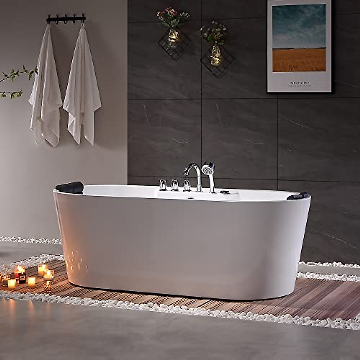 Empava 67 in. Acrylic Freestanding Tub Hydromassage Gracefully Oval Shaped Whirlpool 8 Water Jets Soaking SPA, Double-Ended Massage Bathtub with 2 Pillows , White