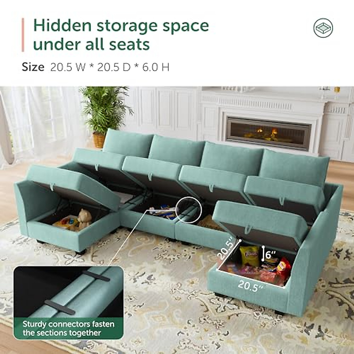 HONBAY Modular Sectional Sofa with Storage Seat Oversized U Shaped Modular Couch with Reversible Chaise Sectional Sleeper Sofa with Ottoman for Living Room, Aqua Blue