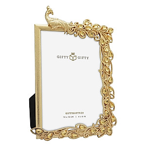 GIFTY GIFTY Jeweled Peacock Photo Frame / 4x6 In | For Vertical Display on Tabletops | Perfect for Home Decor, Wedding, Vacation, Graduation, Or Any Milestone Photos (Bronze) Gift Box