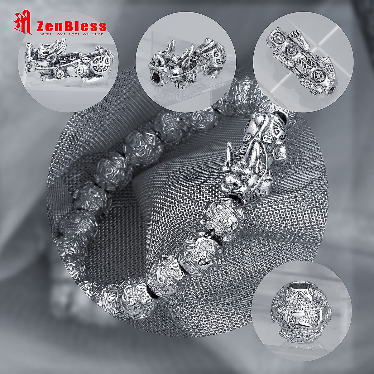 ZenBless Fengshui Prosperity Bracelet Natural Bead Bracelet 8MM Single Silver Pi Xiu/Pi Yao Attract Wealth Health and Good Luck