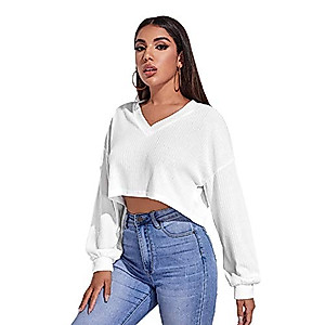 SheIn Women's Pullover Cropped Tshirt Long Sleeve V Neck Casual Crop Tops White X-Large