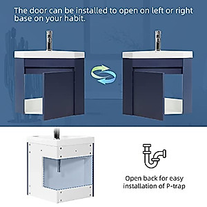 walsport 16" Corner Bathroom Vanity Floating Single Sink Combo for Small Space Wall Mounted Cabinet Set Design Resin Basin Sink Top Chrome Faucet and Drain,Blue