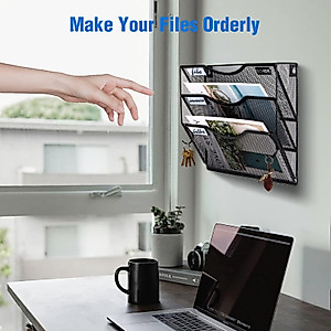 BOHDK Wall File Organizer, 3 Tire Hanging File Folder Organizer, Vertical Mesh Metal Door/Wall Mount Hanging File Holder. Paper Document Magazine Rack with Hooks for Home Office Black