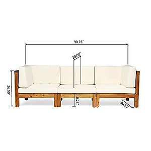 Great Deal Furniture Keith Outdoor Sectional Sofa Set | 3-Seater | Acacia Wood | Water-Resistant Cushions | Teak and Beige