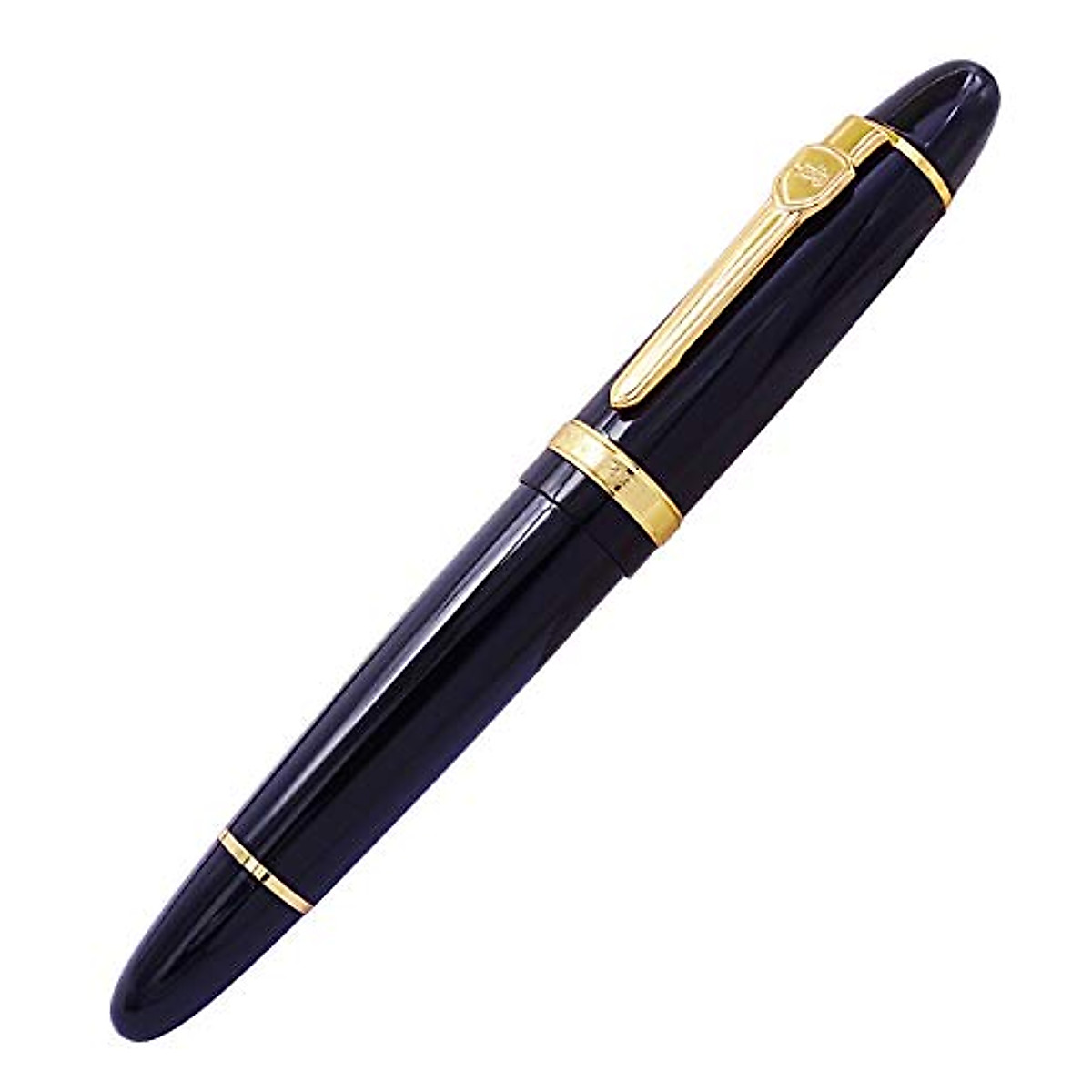 Jinhao 159 Fountain Pen, Fude Pen Bent Nib, Black Lacquer Gold Trim Big Heavy Pen with Pouch and Ink Converter