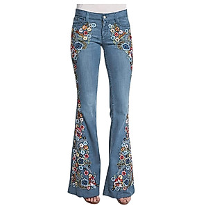Women's Embroidery Destoryed Flare Jeans Button Waist Bell Bottom Summer Casual Trouser Comfortable Denim Pants（Light Blue,XX-Large）