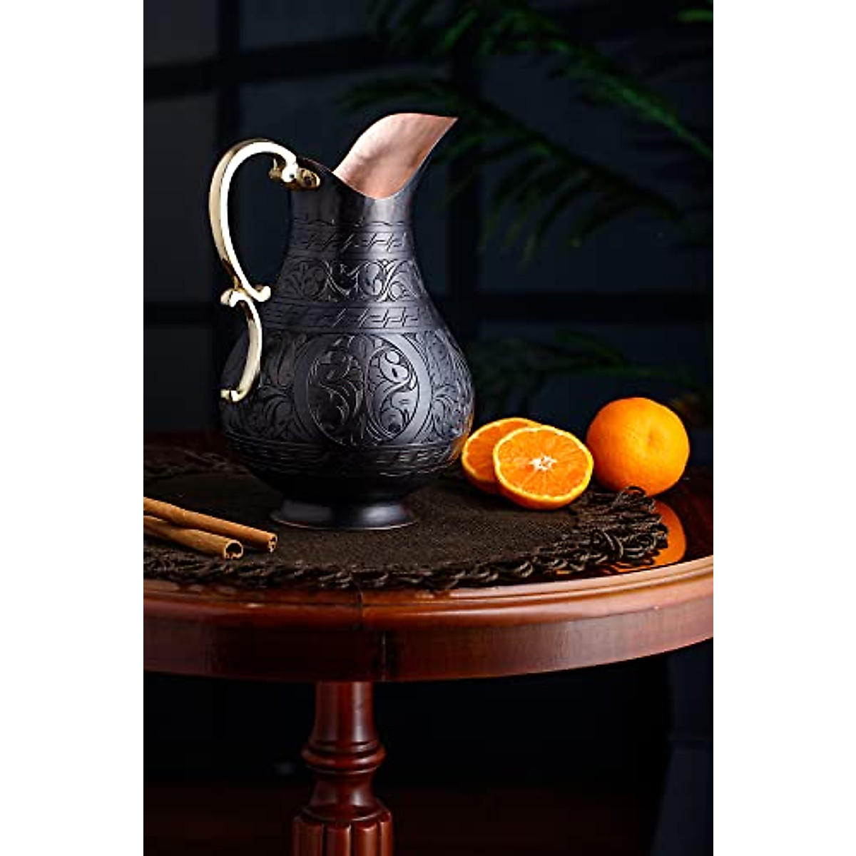 DEMMEX The Pitcher, 1mm Solid Copper Handmade Engraved Copper Pitcher Vessel Ayurveda Jug for Drinking Water, Moscow Mule, Cocktail (Antiqued-Engraved)
