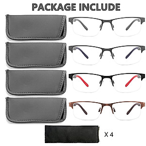 4 Pack Reading Glasses for Men, Blue Light Blocking Computer Readers, Anti UV Ray/Eye Strain/Glare, Metal Frame Eyeglasses with Pouches(175 Magnification Strength)