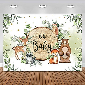 Sensfun Woodland Baby Shower Backdrop Oh Baby Woodland Creatures Forest Animals Party Banner Decorations Jungle Safari Greenery Boy Baby Shower Photography Background 7x5ft